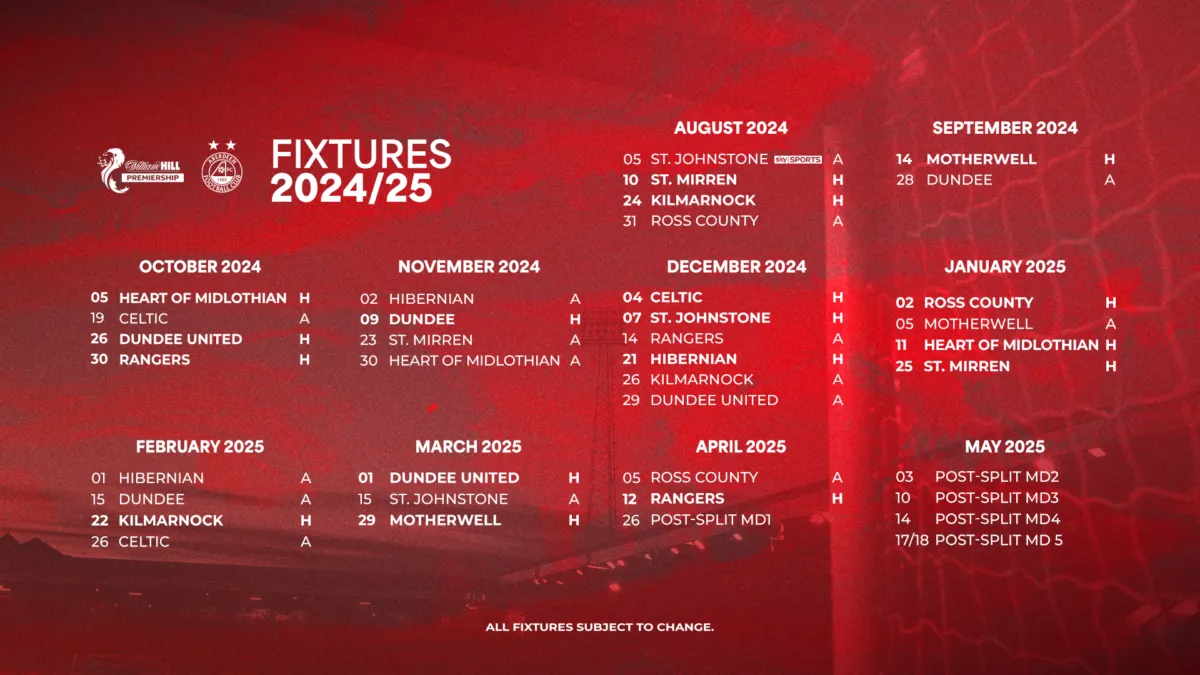 Aberdeen FC - William Hill 2024/25 Premiership Fixtures Announced